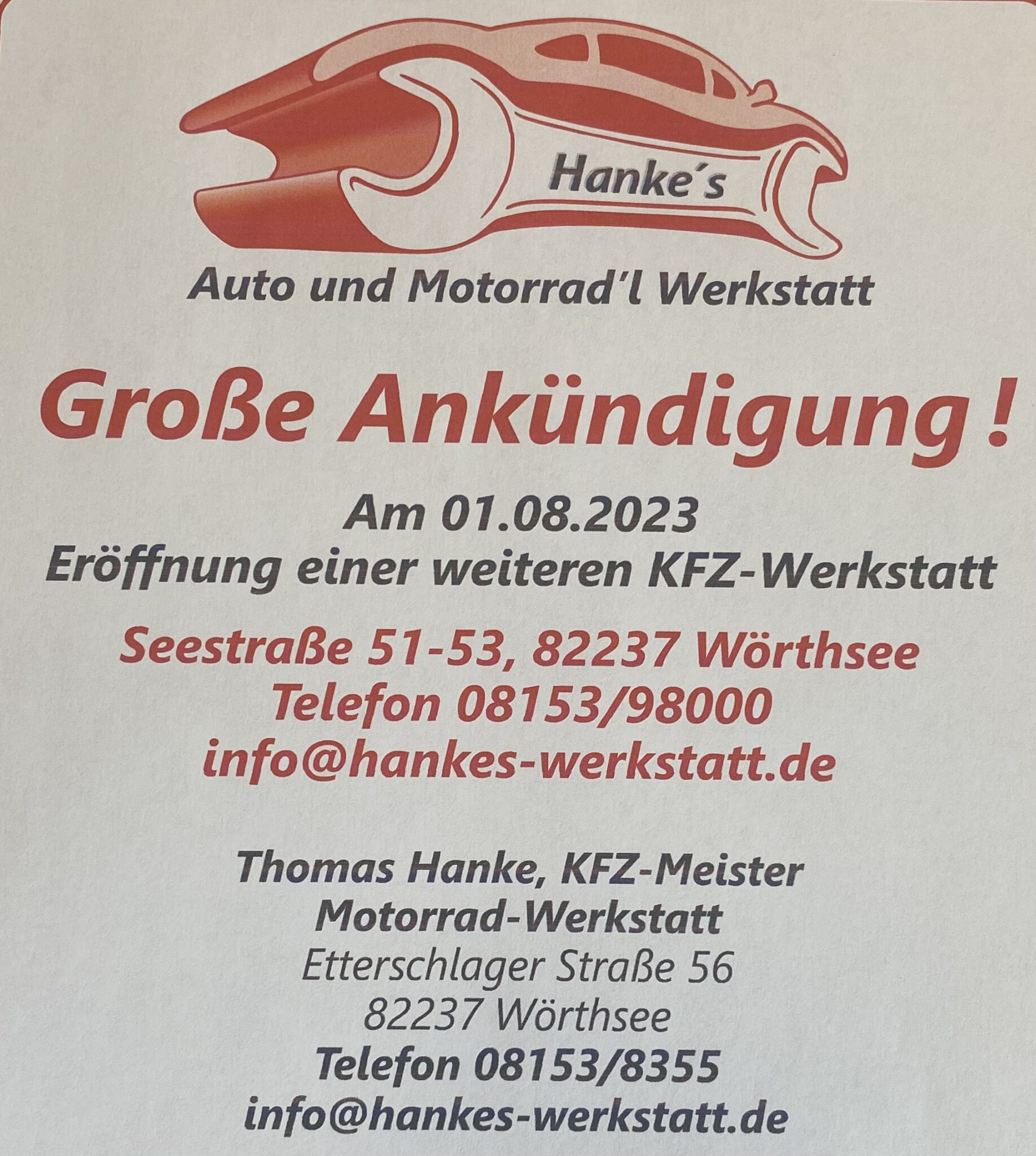 Anzeige 2023 - Hankes Werkstatt - Thomas Hanke